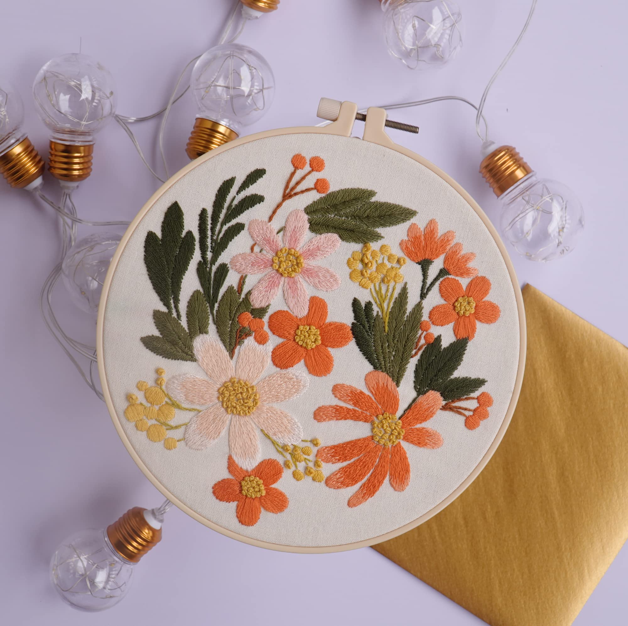 Bonroy 4 Sets Embroidery Kit for Beginners Art Craft Handy Sewing Include Embroidery Clothes with Pattern, Hoops, Instructions,Color Threads Needle Kit (Multi 1)