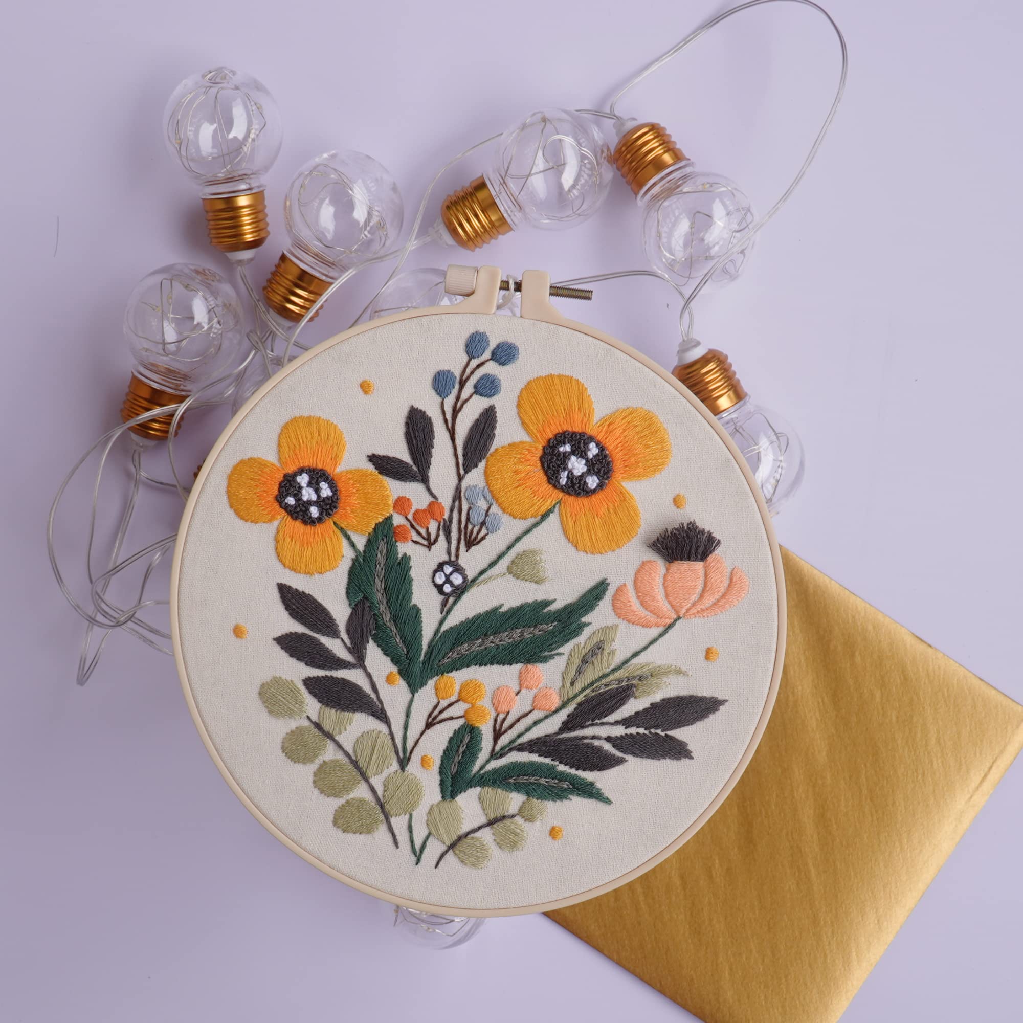 Bonroy 4 Sets Embroidery Kit for Beginners Art Craft Handy Sewing Include Embroidery Clothes with Pattern, Hoops, Instructions,Color Threads Needle Kit (Multi 1)