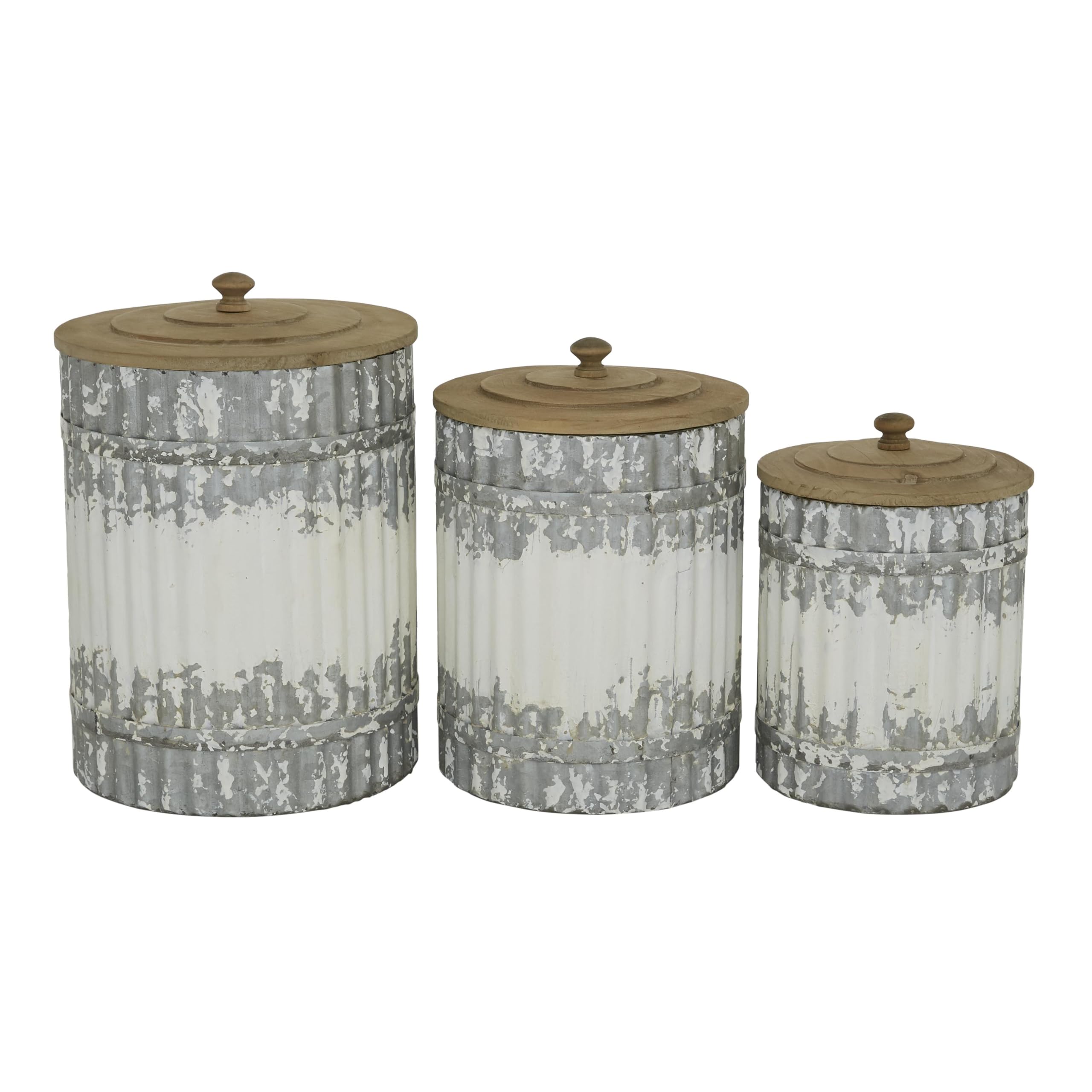 Deco 79 Metal Living Room Decorative Jars Distressed Decorative Container with Wood Lids, Set of 3 Jar with Lid 12", 10", 8"H, White