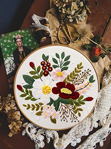 Bonroy 4 Sets Embroidery Kit for Beginners Art Craft Handy Sewing Include Embroidery Clothes with Pattern, Hoops, Instructions,Color Threads Needle Kit (Multi 1)