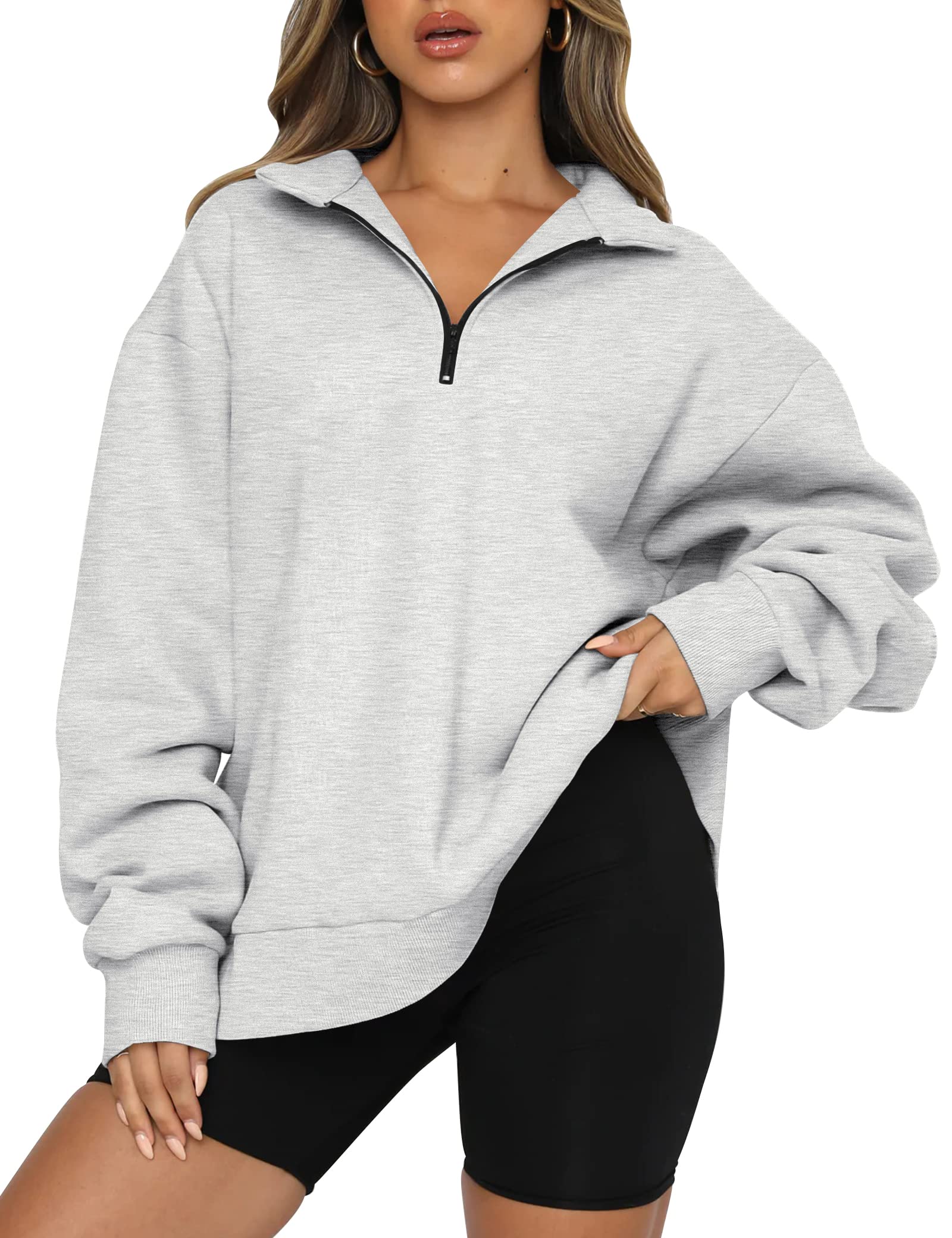 EFAN Womens Oversized Hoodies Quarter Zip Pullover Half Zip Sweatshirts Long Sleeve Sweaters Trendy Outfits Teen Girls Fall Y2K Tops Clothes Grey