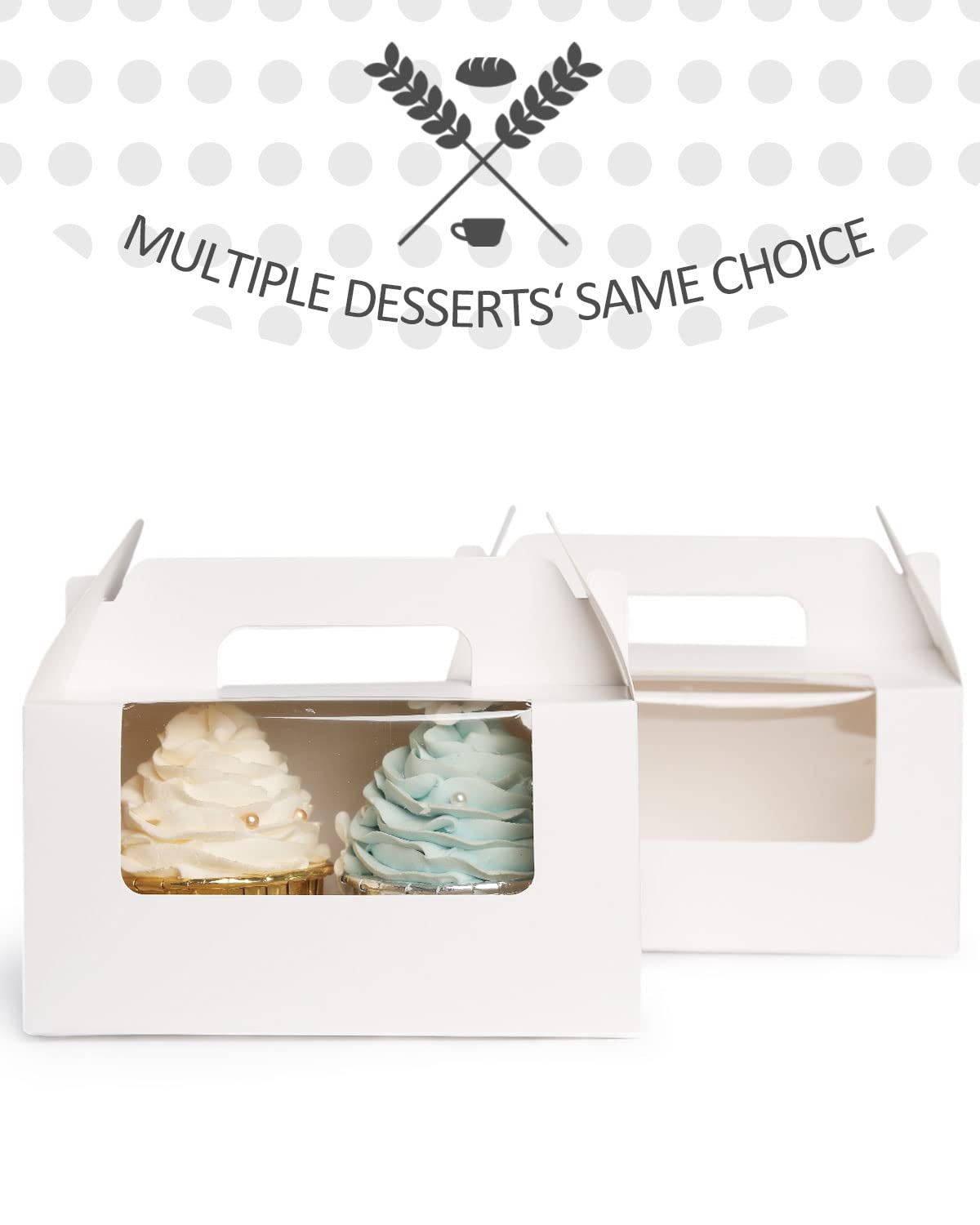 qiqee 100 Packs Cupcake Box Two Holder 6.5x3.6x3.5inch(2.2" Top) White 2 Cupcake Boxes With Window(100 Boxes+100 Inserts)