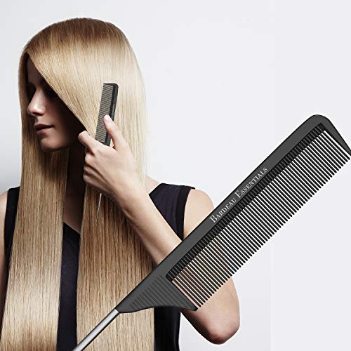 Professional 8.8 Inch Tail Comb (2 Pack) - Black Carbon Fiber And Stainless Steel Pintail - Anti Static And Heat Resistant Teasing Comb - Lightweight Tail Comb For All Hair Types By Bardeau Essentials