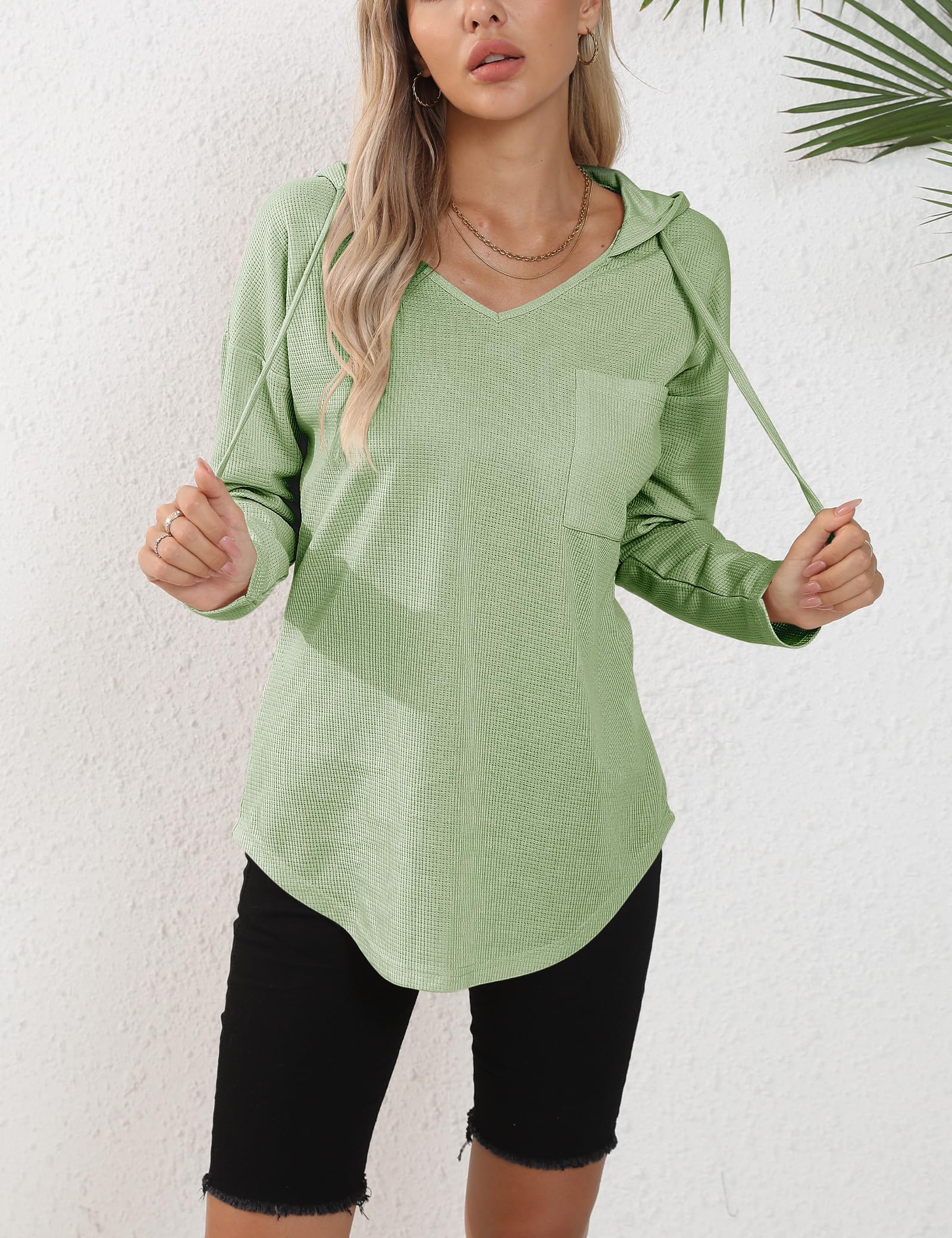 morhuduck Women's V Neck Hoodies Long Sleeve Sweatshirt Drawstring Pullover Tops with Pocket (Mint Green M)