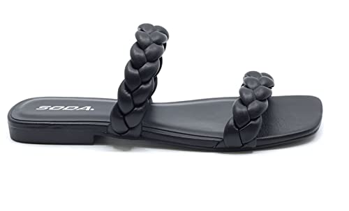 Soda VAULT Women's Square Open Toe Flat Sandals Braided Strap Slip-on Slides Woven Sandals (5.5, BLACK PU, numeric_5_point_5)