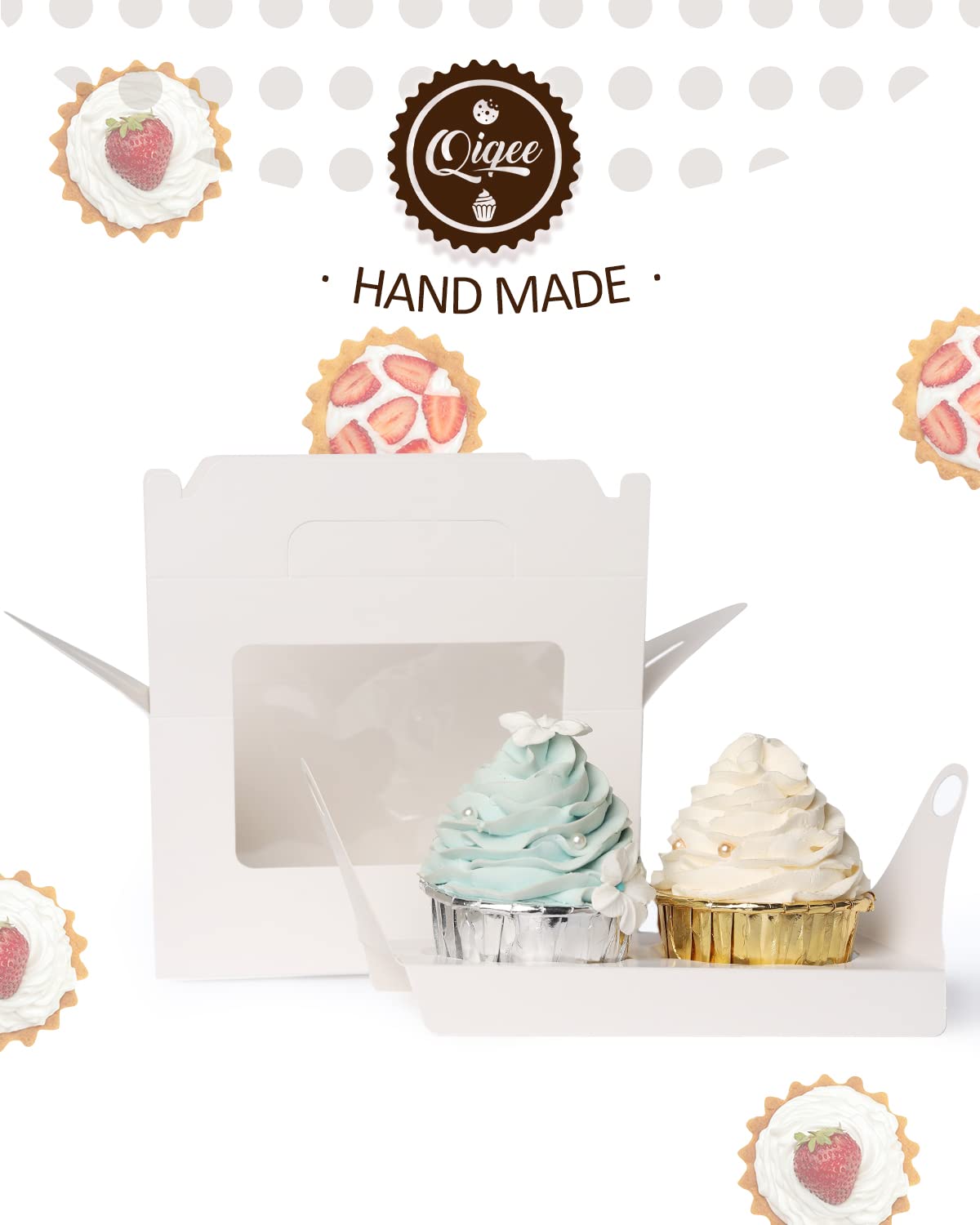 qiqee 100 Packs Cupcake Box Two Holder 6.5x3.6x3.5inch(2.2" Top) White 2 Cupcake Boxes With Window(100 Boxes+100 Inserts)
