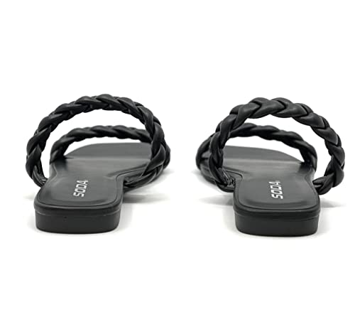 Soda VAULT Women's Square Open Toe Flat Sandals Braided Strap Slip-on Slides Woven Sandals (5.5, BLACK PU, numeric_5_point_5)