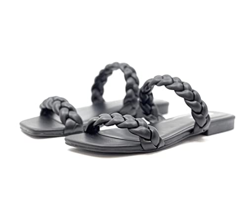 Soda VAULT Women's Square Open Toe Flat Sandals Braided Strap Slip-on Slides Woven Sandals (5.5, BLACK PU, numeric_5_point_5)