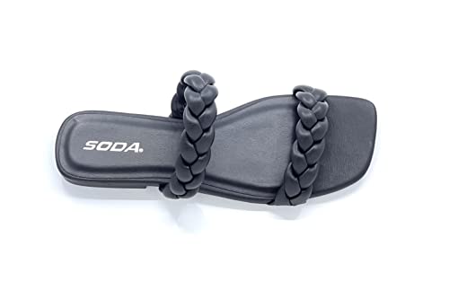 Soda VAULT Women's Square Open Toe Flat Sandals Braided Strap Slip-on Slides Woven Sandals (5.5, BLACK PU, numeric_5_point_5)