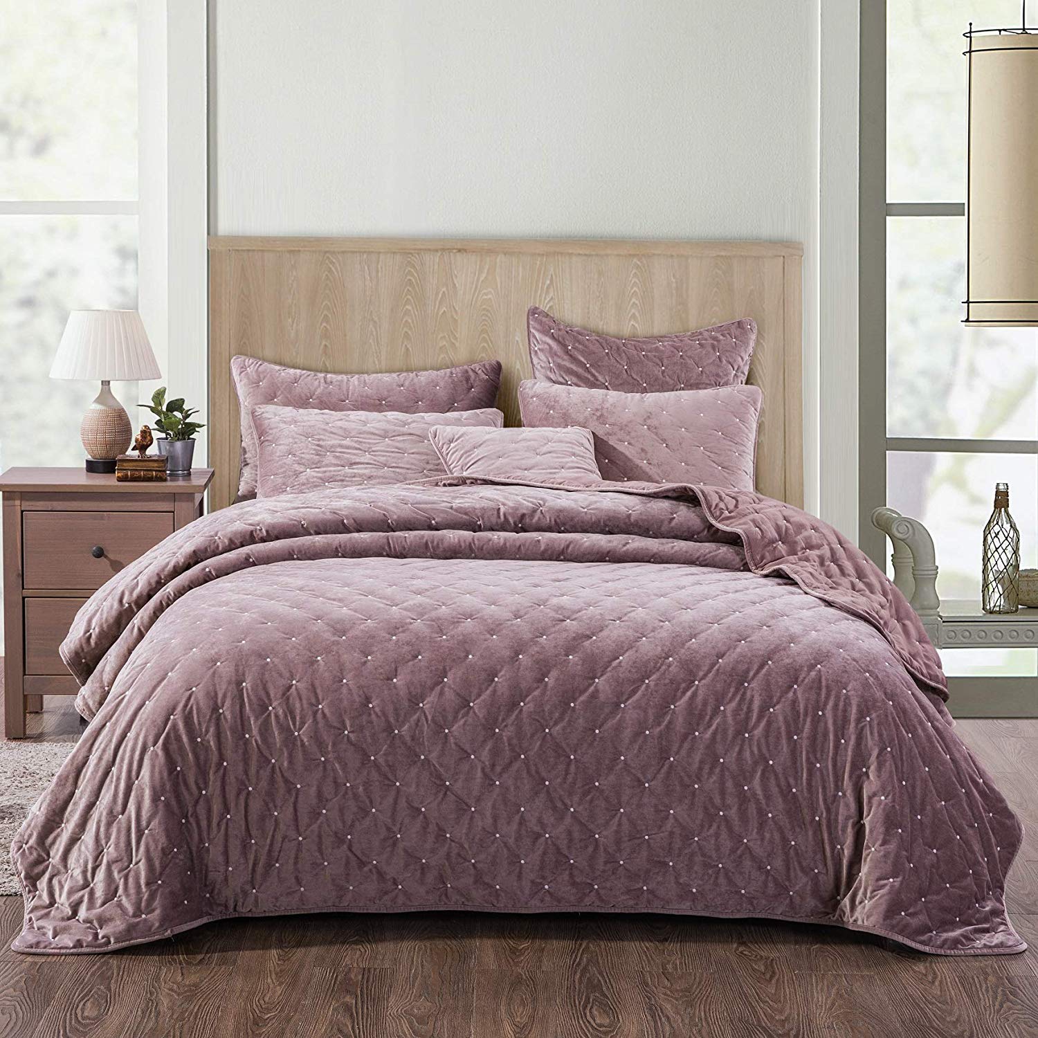 Tache Velvet Dreams Luxurious Velveteen Velour Super Soft Plush Warm Cozy Diamond Tufted Polka Dot Quilted Coverlet Light Purple Mauve Bedspread Set, King