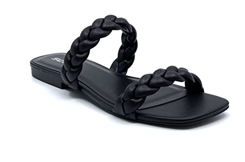 Soda VAULT Women's Square Open Toe Flat Sandals Braided Strap Slip-on Slides Woven Sandals (5.5, BLACK PU, numeric_5_point_5)