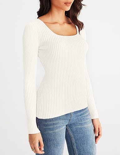 MEROKEETY Women's 2024 Square Neck Long Sleeve T Shirts Slim Fitted Ribbed Knit Casual Tee Tops, White, S