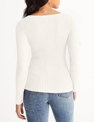 MEROKEETY Women's 2024 Square Neck Long Sleeve T Shirts Slim Fitted Ribbed Knit Casual Tee Tops, White, S