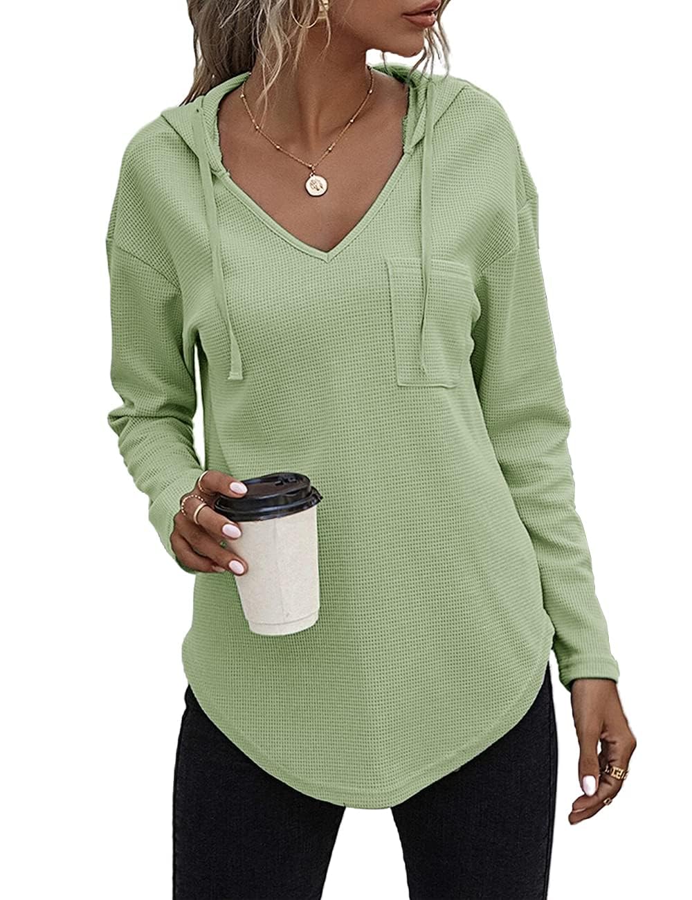 morhuduck Women's V Neck Hoodies Long Sleeve Sweatshirt Drawstring Pullover Tops with Pocket (Mint Green M)