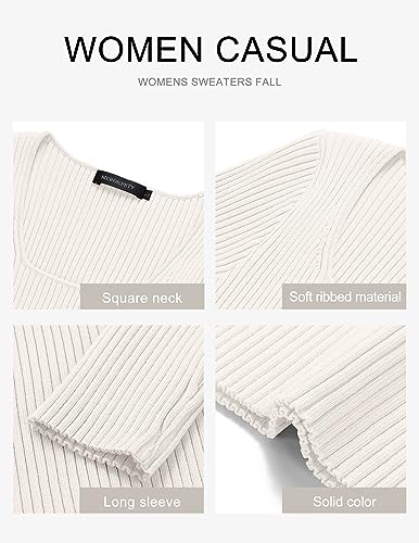 MEROKEETY Women's 2024 Square Neck Long Sleeve T Shirts Slim Fitted Ribbed Knit Casual Tee Tops, White, S