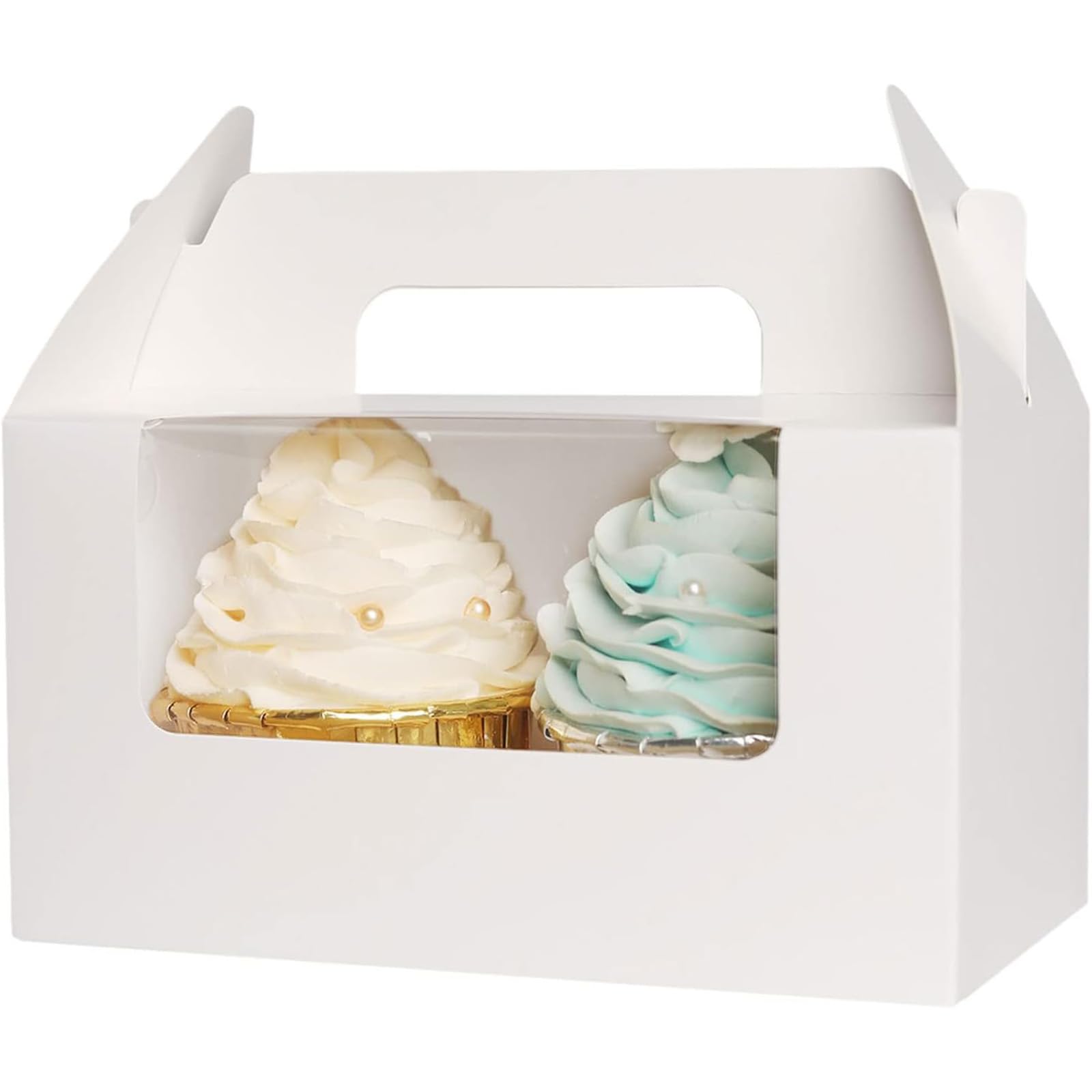 qiqee 100 Packs Cupcake Box Two Holder 6.5x3.6x3.5inch(2.2" Top) White 2 Cupcake Boxes With Window(100 Boxes+100 Inserts)