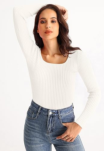 MEROKEETY Women's 2024 Square Neck Long Sleeve T Shirts Slim Fitted Ribbed Knit Casual Tee Tops, White, S