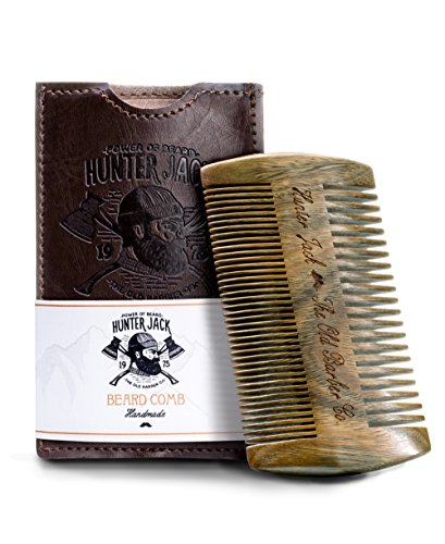 Beard Comb Kit for Men - Great for Head Hair, Beard Grooming & Mustache - Sandalwood Handmade Premium Wood - Fine Dual Action Teeth - Beard Care Kit for Men, Gift "Hunter Jack" PU Leather Case
