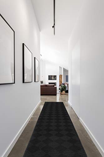 Garland Rug Diamond Solid Black 3' x 8' Soft, Non Slip Area Rug- Ideal for Living Rooms & Hallways, Stylish & Durable for High-Traffic Areas