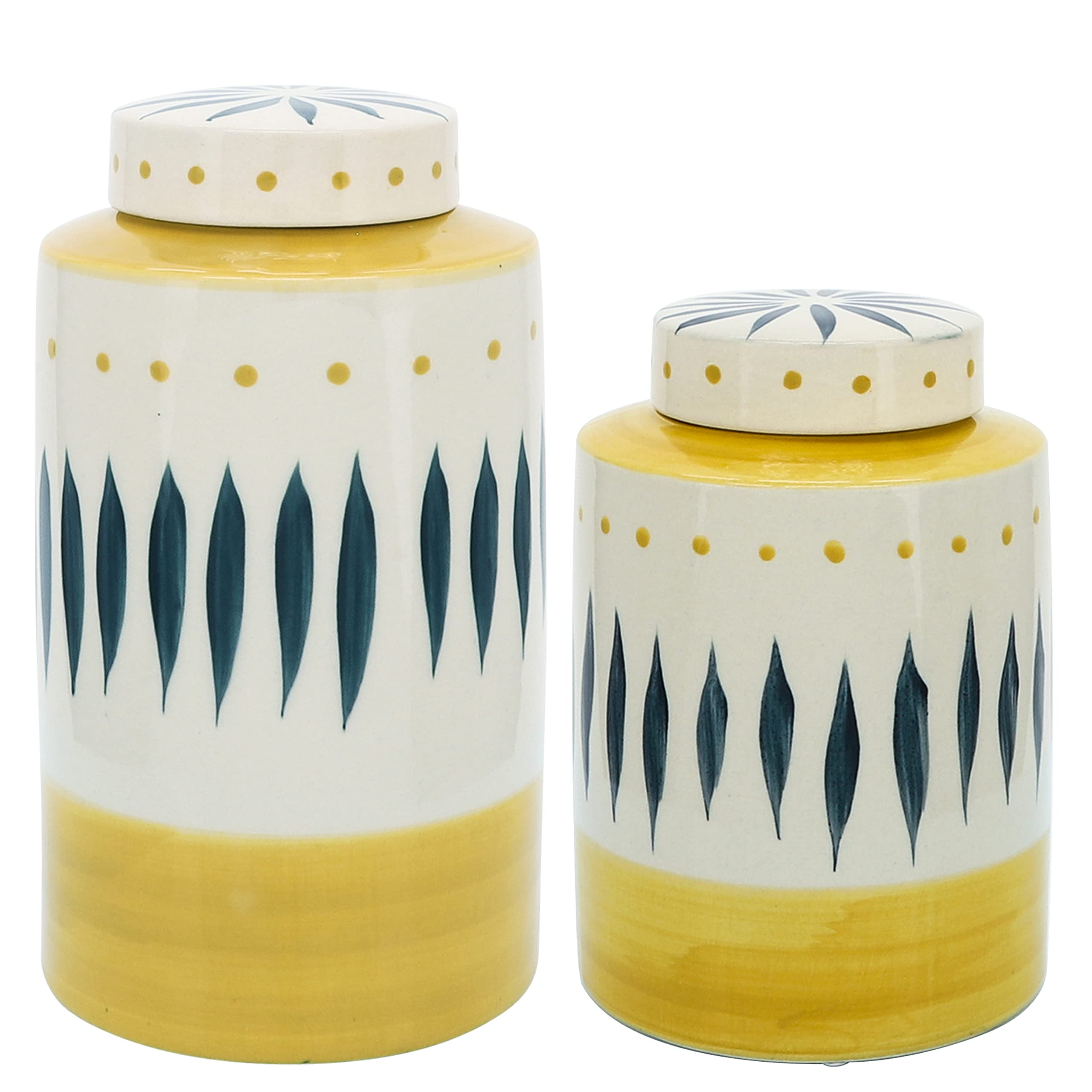 Sagebrook Home Cylinder Ceramic Jars Tribal W/Lid Decorative Jars, Vases, Elegant Storage Containers for Home Decor and Kitchen Interior Design, 10" H, Yellow