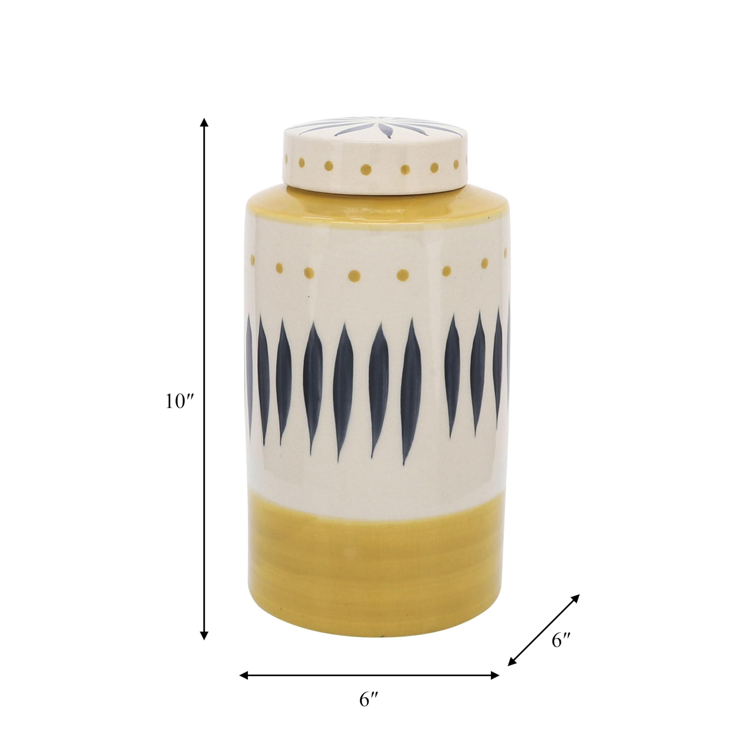 Sagebrook Home Cylinder Ceramic Jars Tribal W/Lid Decorative Jars, Vases, Elegant Storage Containers for Home Decor and Kitchen Interior Design, 10" H, Yellow