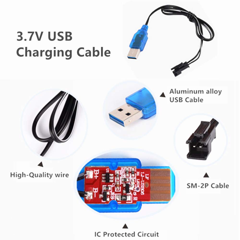 2 Pack 3.7V 600mAh Li-ion Rechargeable Battery 1450cell with USB Charger Cable for Double Sided Rotating Tumbling Amphibious RC Stunt Car Monster Truck C63