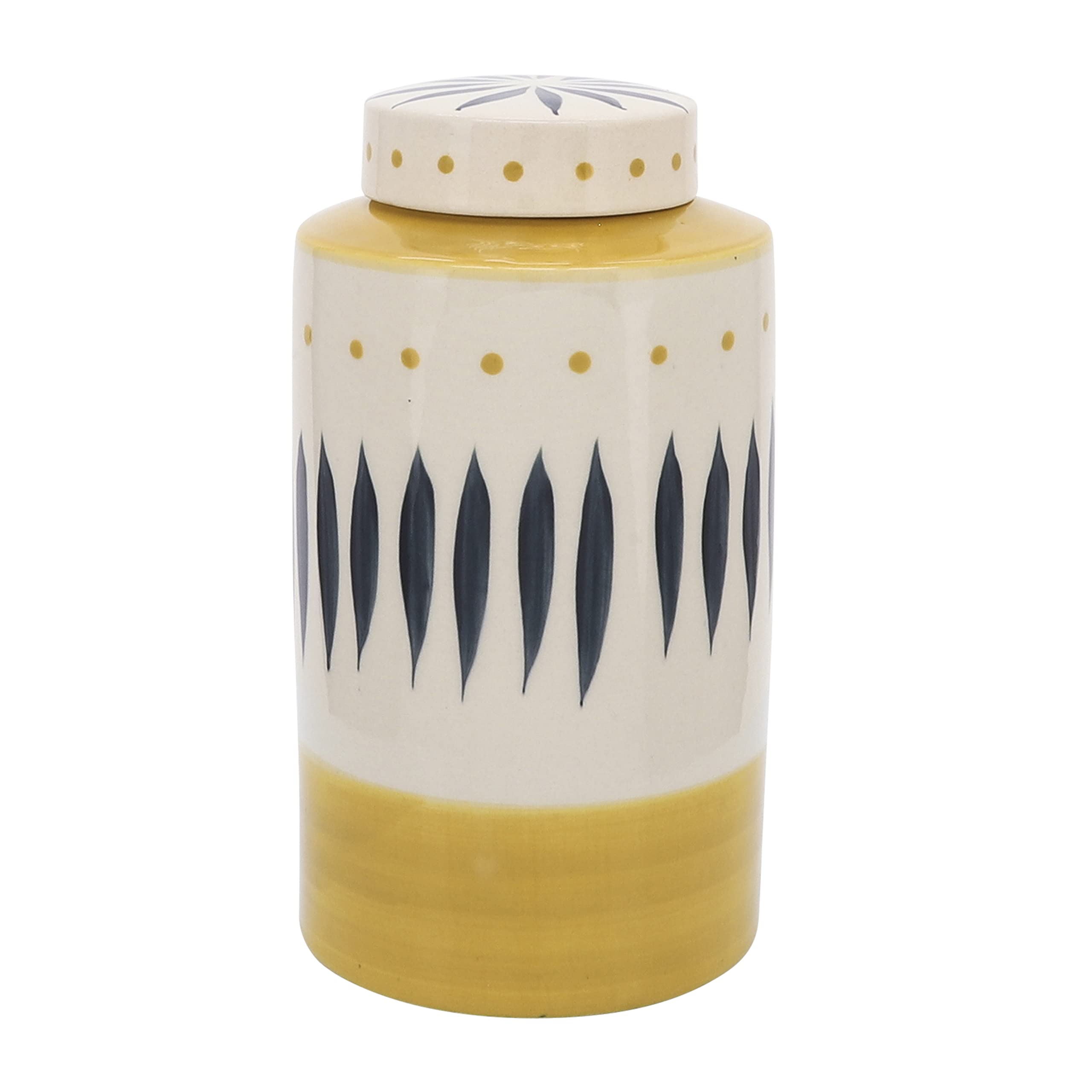 Sagebrook Home Cylinder Ceramic Jars Tribal W/Lid Decorative Jars, Vases, Elegant Storage Containers for Home Decor and Kitchen Interior Design, 10" H, Yellow