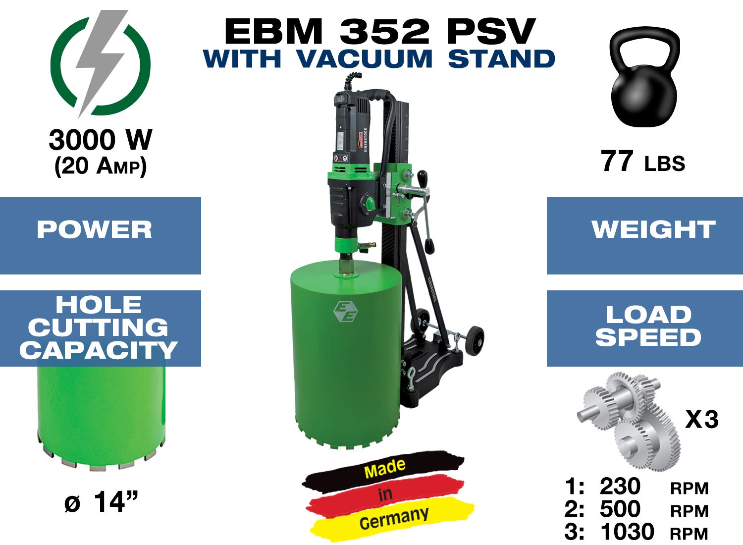 CS Unitec EBM 352/3 PSV -14 in. Capacity Concrete Core Drilling Rig with Vacuum/Anchor Stand- Wet Diamond Core Drill -3-Speed for Concrete, Brick, Asphalt, & Stone -Made in Germany (w/Vacuum Pump)