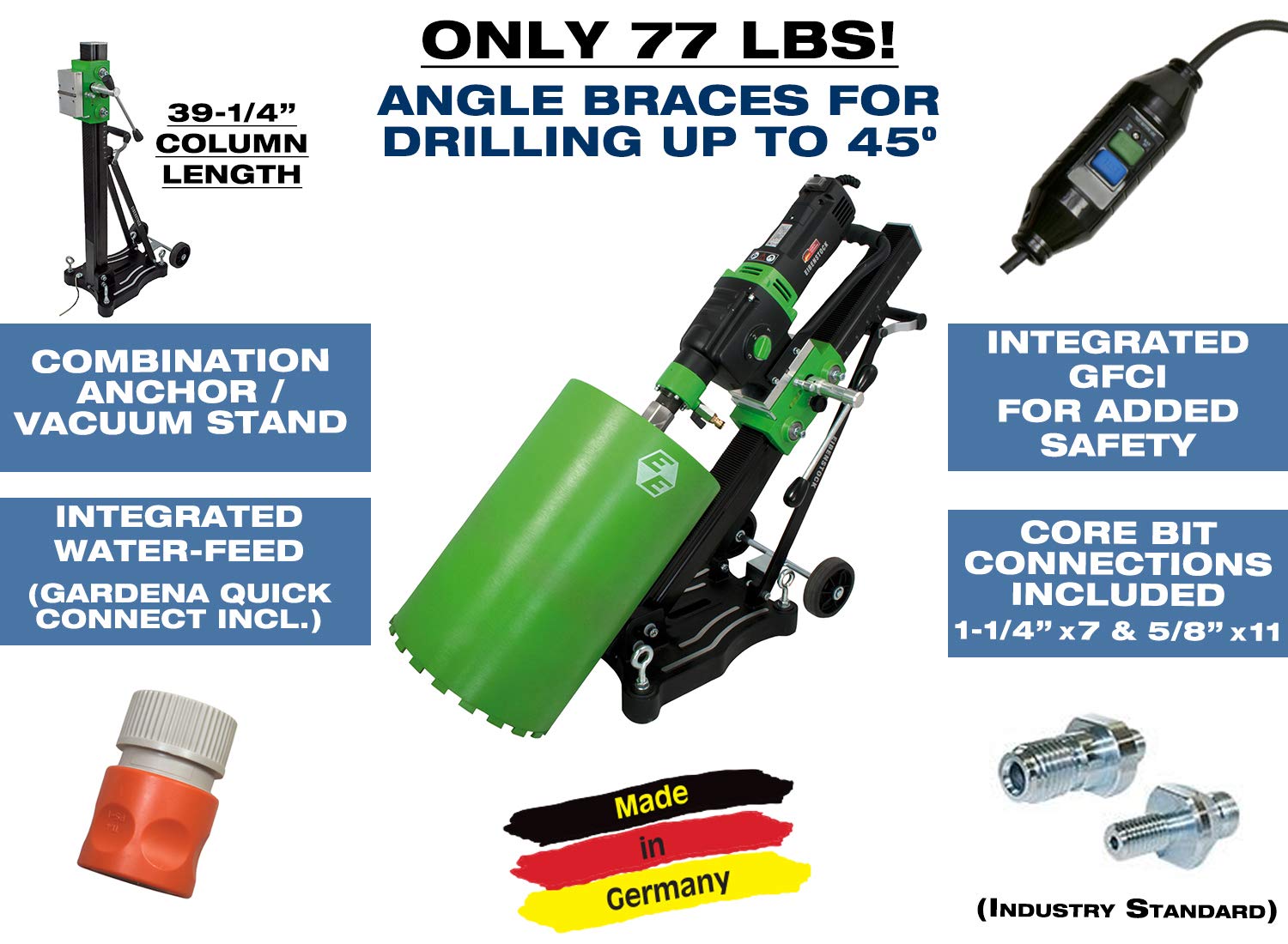 CS Unitec EBM 352/3 PSV -14 in. Capacity Concrete Core Drilling Rig with Vacuum/Anchor Stand- Wet Diamond Core Drill -3-Speed for Concrete, Brick, Asphalt, & Stone -Made in Germany (w/Vacuum Pump)