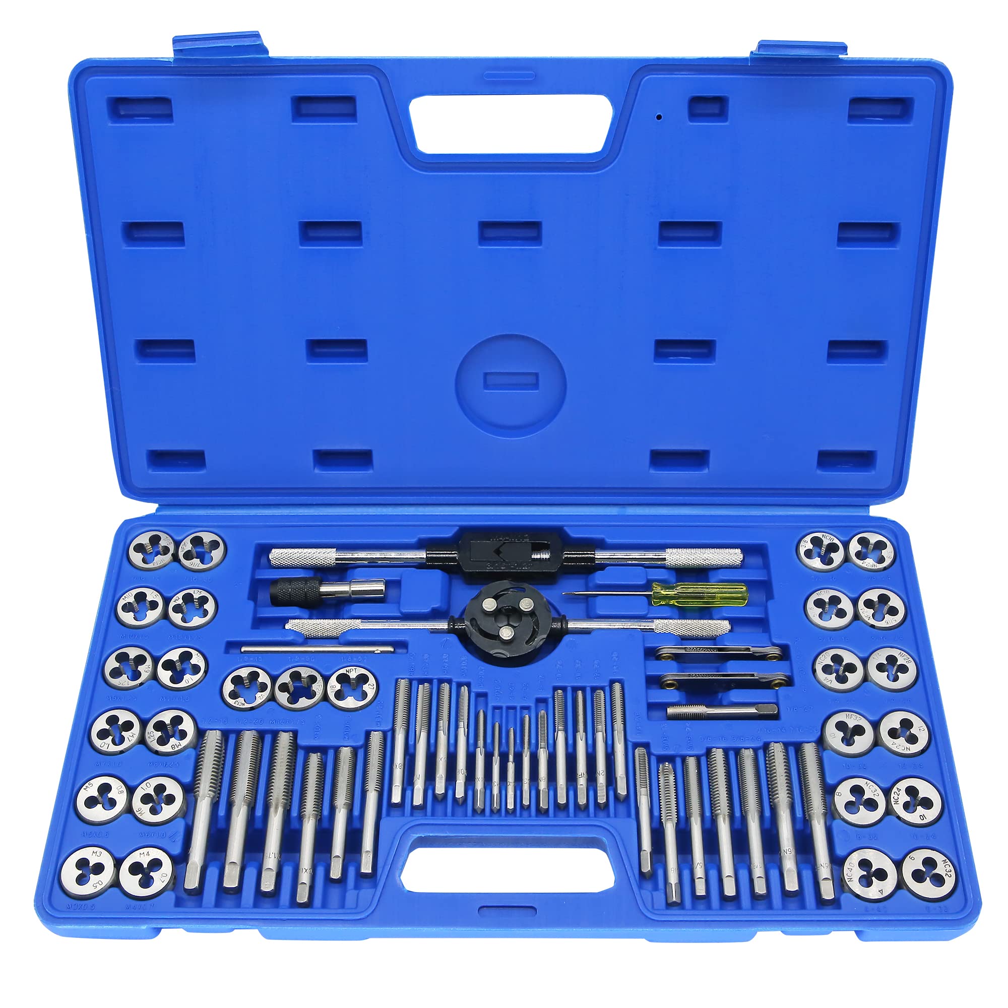 GMTOOLS 60PCS Tap and Die Set, Metric Standard Size M3 to M12, Threading Tool Set with Complete Accessories and Storage Case, Tap Die Kit for Threading and Rethreading Internal and External Threads