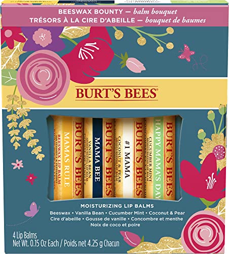 Burt's Bees Gifts, 4 Lip Balm Products, Balm Bouquet Spring Set - Classic Beeswax, Vanilla Bean, Cucumber Mint & Coconut Pear (4 Pack)