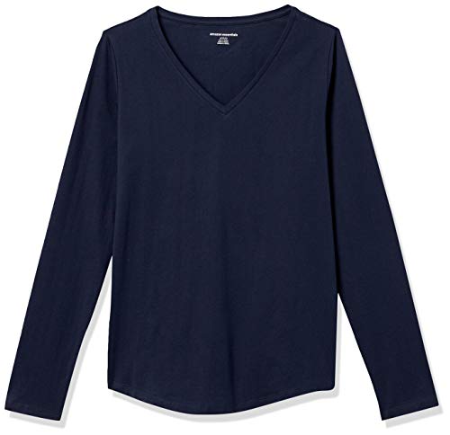 Amazon Essentials Women's Classic-Fit 100% Cotton Long-Sleeve V-Neck T-Shirt, Navy, XX-Large
