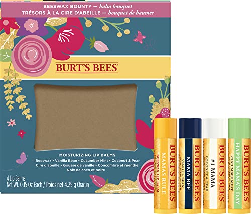 Burt's Bees Gifts, 4 Lip Balm Products, Balm Bouquet Spring Set - Classic Beeswax, Vanilla Bean, Cucumber Mint & Coconut Pear (4 Pack)