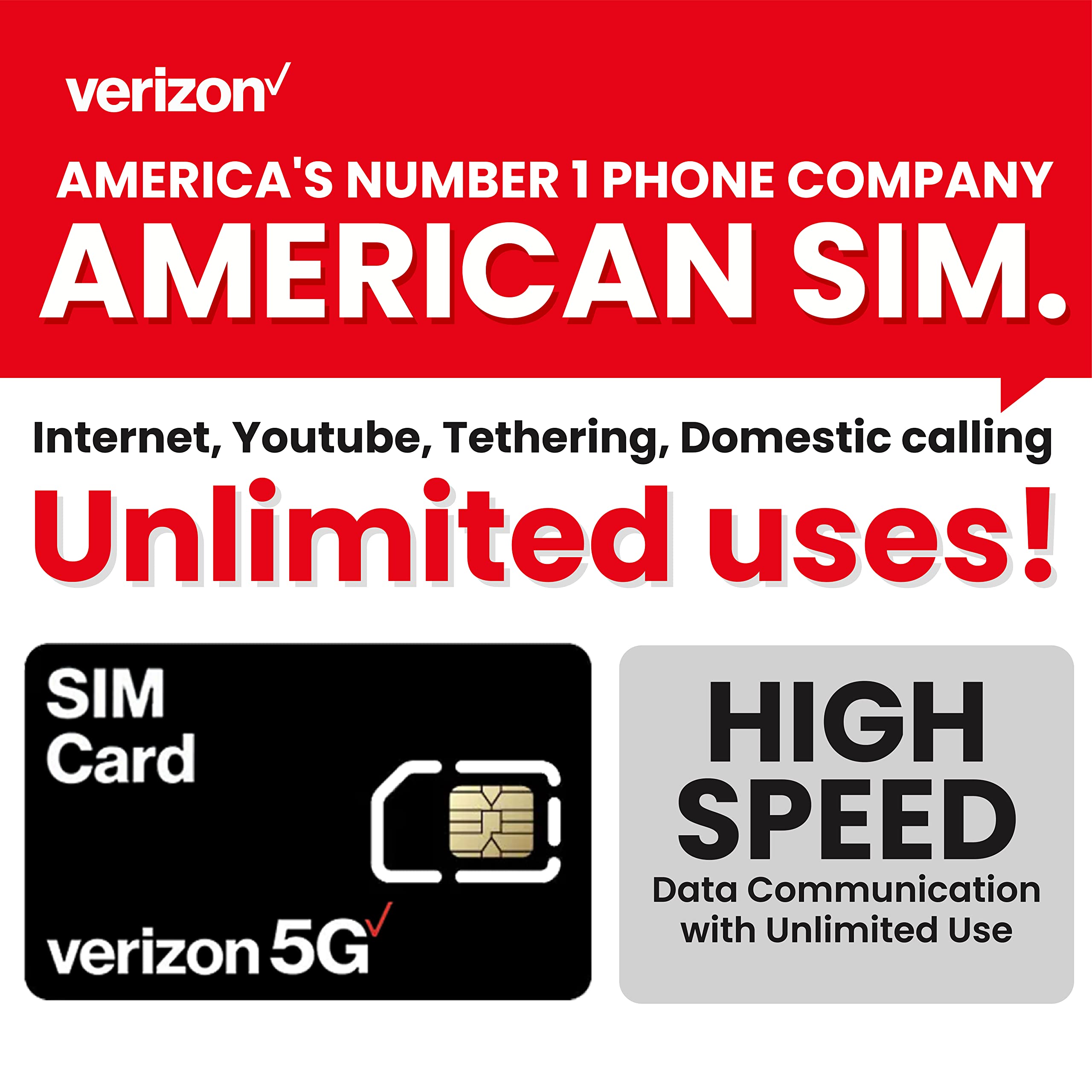 USA Prepaid SIM Card (Verizon Network) | Unlimited 5G/4G Internet Data in USA (Including Hawaii) | Unlimited Calls and Texts Within US (30Days) (Does not Work with HOTSPOTS)