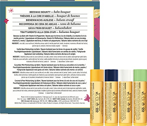 Burt's Bees Gifts, 4 Lip Balm Products, Balm Bouquet Spring Set - Classic Beeswax, Vanilla Bean, Cucumber Mint & Coconut Pear (4 Pack)