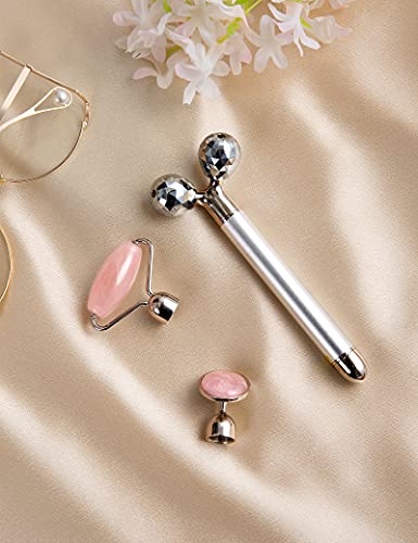 3in1 Face Massager For Women 3D V Line Lifting Rose Quartz Face Roller Skin Care Tools Eye Massager Tool Face Lift Double Chin Reducer HANABEE Facial Massager Skin Roller (Sliver)