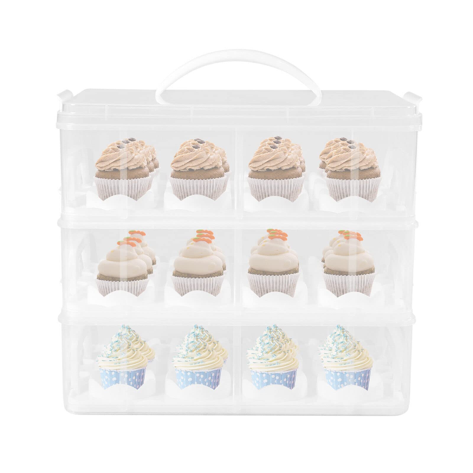 RENFANSHOP 3 Tier Cupcake Packing Box with Lid，Cupcake Muffin Carrier with Lid White Cakes Food Transporter Container Holds 36 Cupcakes or 3 Large Cakes Food with 3 Tier Stackable Layer Insert