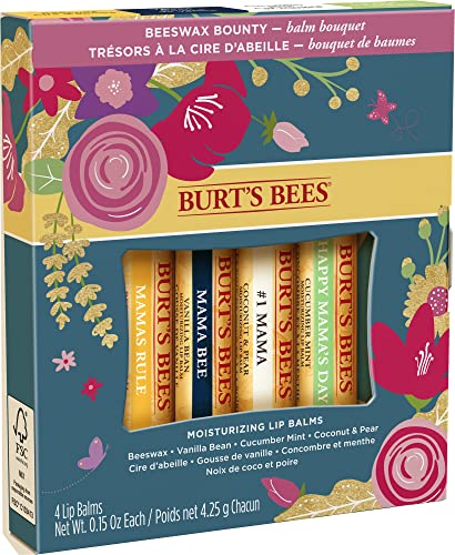 Burt's Bees Gifts, 4 Lip Balm Products, Balm Bouquet Spring Set - Classic Beeswax, Vanilla Bean, Cucumber Mint & Coconut Pear (4 Pack)