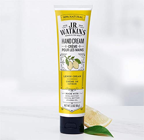 J.R. Watkins Natural Moisturizing Hand Cream, Hydrating Hand Moisturizer with Shea Butter, Cocoa Butter, and Avocado Oil, USA Made and Cruelty Free, 3.3oz, Lemon Cream, Single