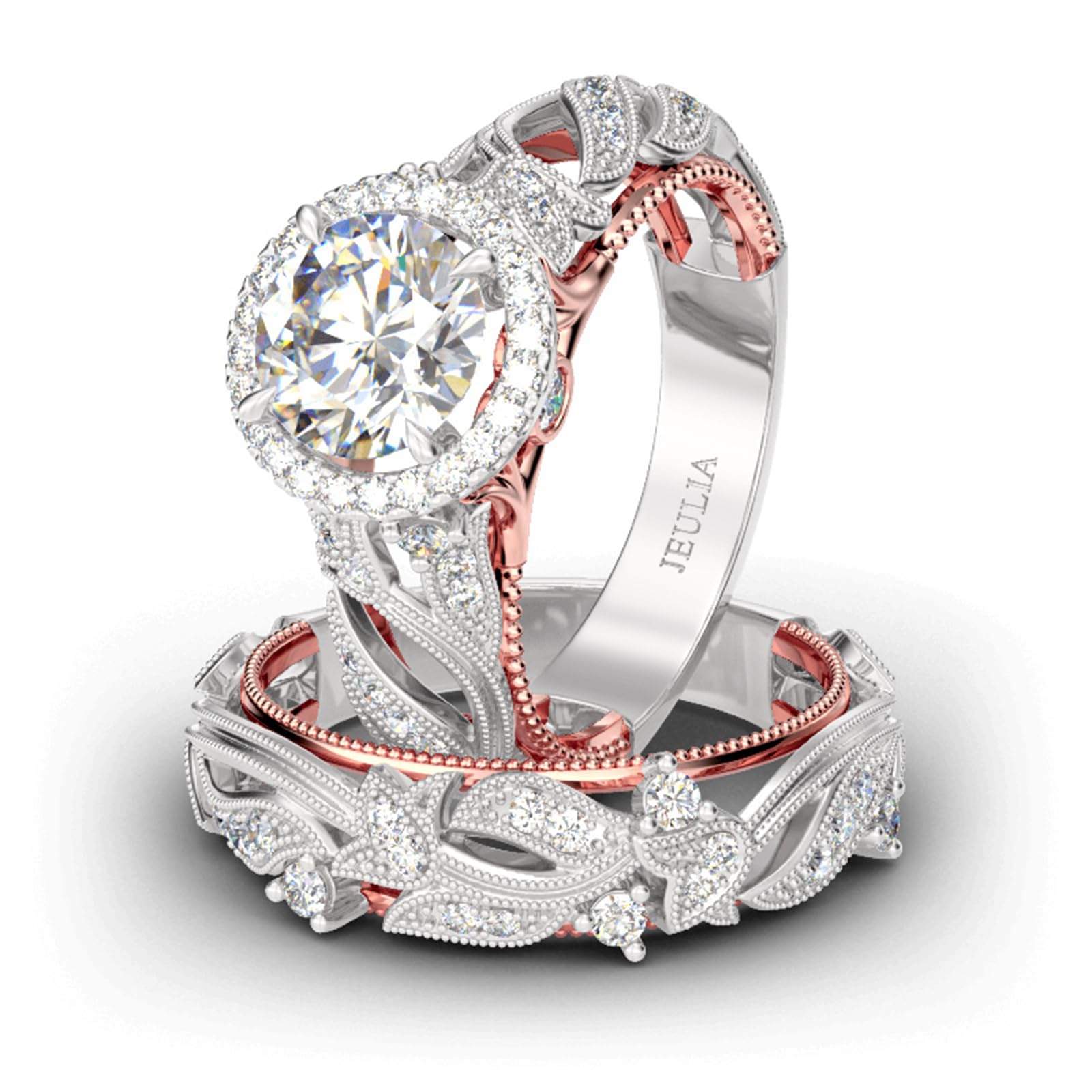 Jeulia 4 Carat Leaf Rings for Women 925 Sterling Silver 18 K Rose Gold Plated Round Cut Engagement Ring Set White Diamond Halo Cubic Zirconia Wedding band CZ Solitaire Anniversary Promise Rings (6.5)