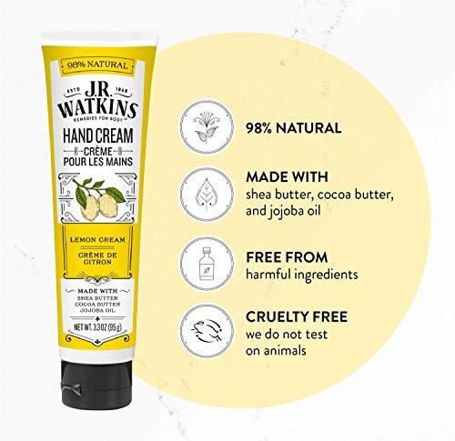 J.R. Watkins Natural Moisturizing Hand Cream, Hydrating Hand Moisturizer with Shea Butter, Cocoa Butter, and Avocado Oil, USA Made and Cruelty Free, 3.3oz, Lemon Cream, Single