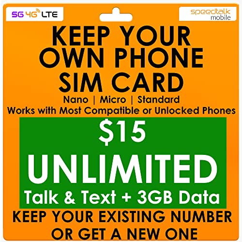 SpeedTalk Mobile SIM Card Kit - Unlimited Minutes Call & SMS Text + 3GB 4G LTE Data | 30 Days Smart Cell Phone Service Plan | 3 in 1 Simcard - Standard Micro Nano | No Contract USA Coverage