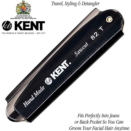 Kent 82T 4" Graphite Folding Pocket Comb for Men, Fine Tooth Hair Comb Straightener for Everyday Grooming Styling Hair, Beard or Mustache, Use Dry or with Balms, Saw Cut Hand Polished, Made in England