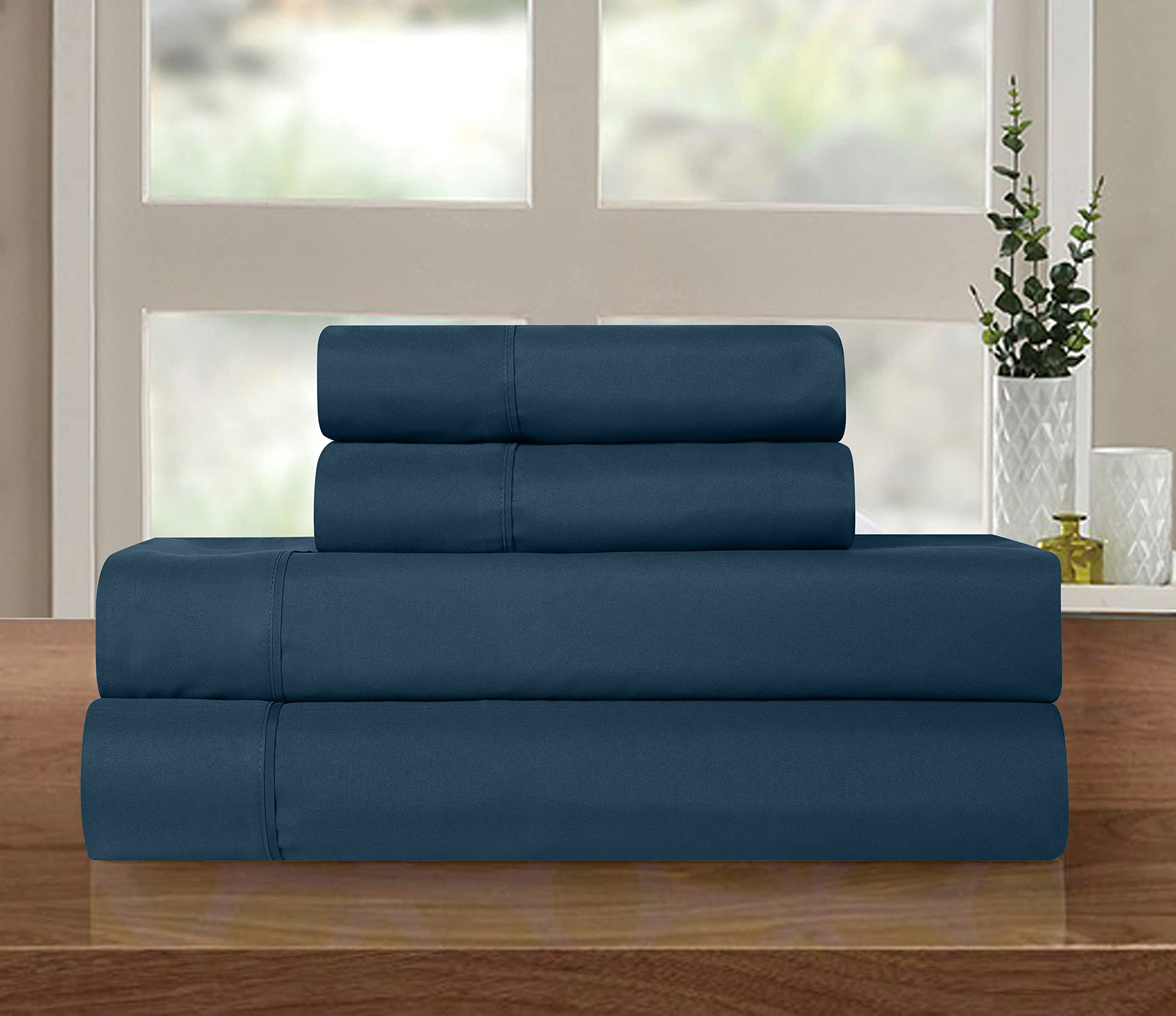 Elegant Comfort 4-Piece Solid Smart Sheet Set-Deep Pocket Fitted Sheet with Side Storage Pockets-Silky Soft 1500 Thread Count Egyptian Quality Microfiber, Wrinkle and Fade Resistant, King, Navy Blue