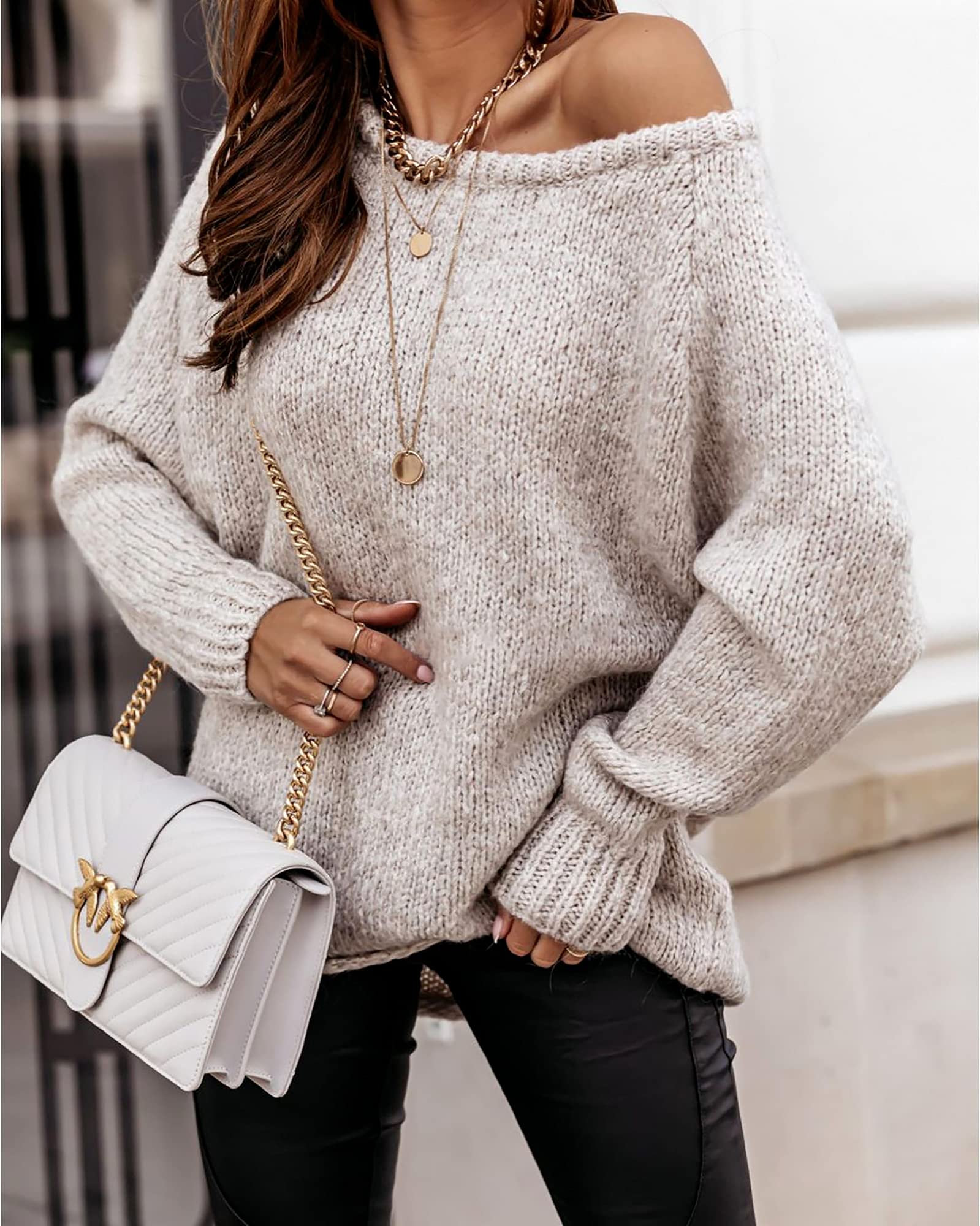 BTFBM Women Casual Long Sleeve Fall Sweaters Crew Neck Soft Ribbed Knitted Oversized Pullover Loose Fit Jumper(Solid Apricot, Small)