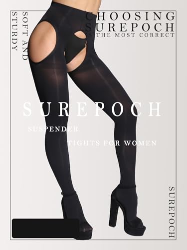 SUREPOCH Suspender Tights for Women Plus Size Garter Belt Black Control Top Pantyhose