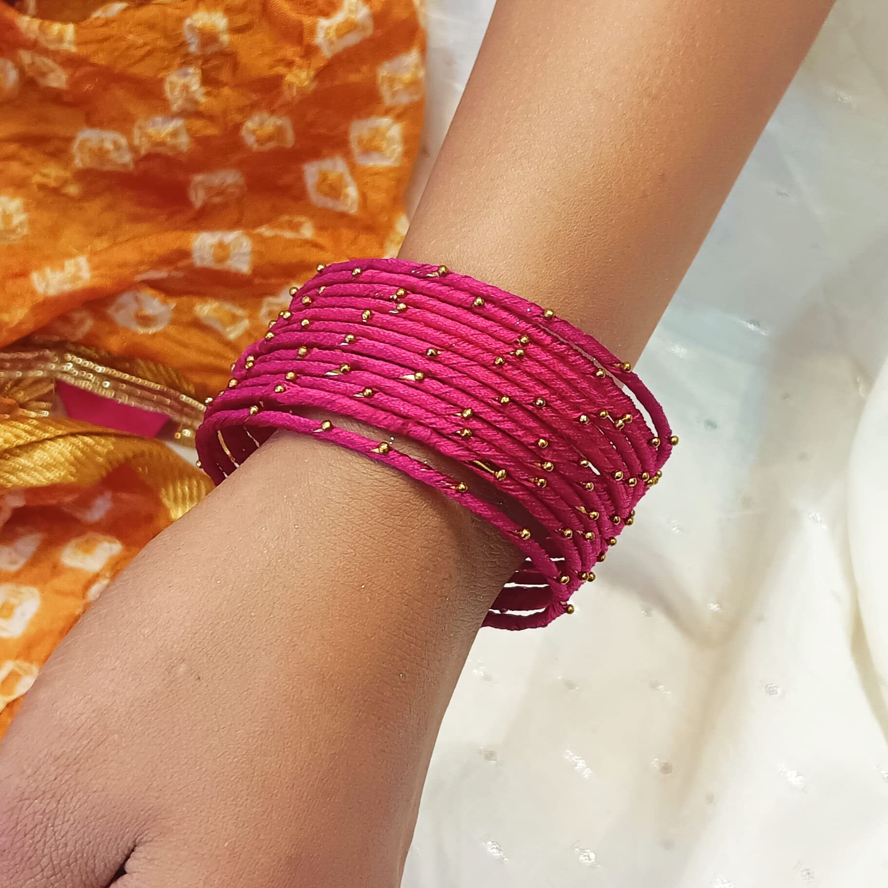 Efulgenz Indian Bangles for Women Indian Silk Thread Bangles Fashion Jewelry Indian Bollywood Gold Tone Beads Silk Thread Wedding Bridal Bracelet Bangle Set for Women (12 Pcs) Size 2.6