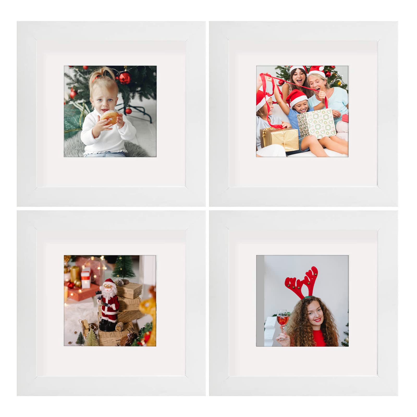 Golden State Art, 6x6 White Photo Frame-Display Photos 4x4 with White Mat or 6x6 without Mat - Solid Wood, Real Glass, Set of 4 (Wall Display)