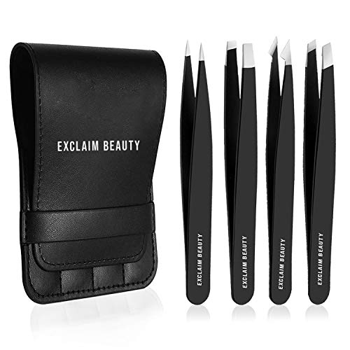 EXCLAIM BEAUTY Tweezers for Women & Men Pack of 4 Stainless Steel Tweezers Set, Precision Tweezers for Eyebrows Splinter Ingrown Hair Removal Tweezers Kit for Women with Leather Case – Matte Black