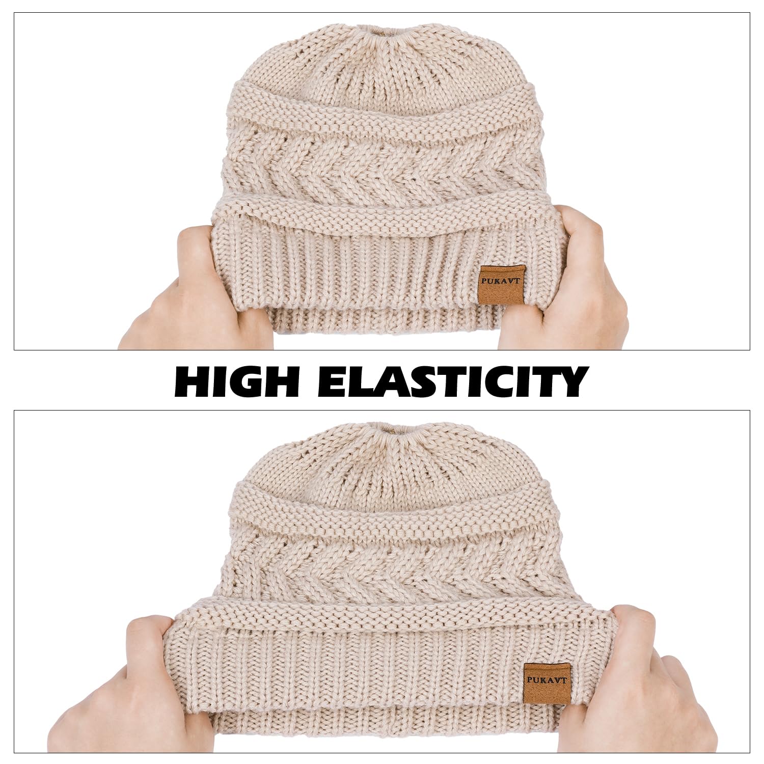 Pukavt 1 Pack Winter Hat Ponytail Beanie Hat for Women, Soft Stretch Cable Knit Messy Bun Beeanie,Trendy and Warm Beige